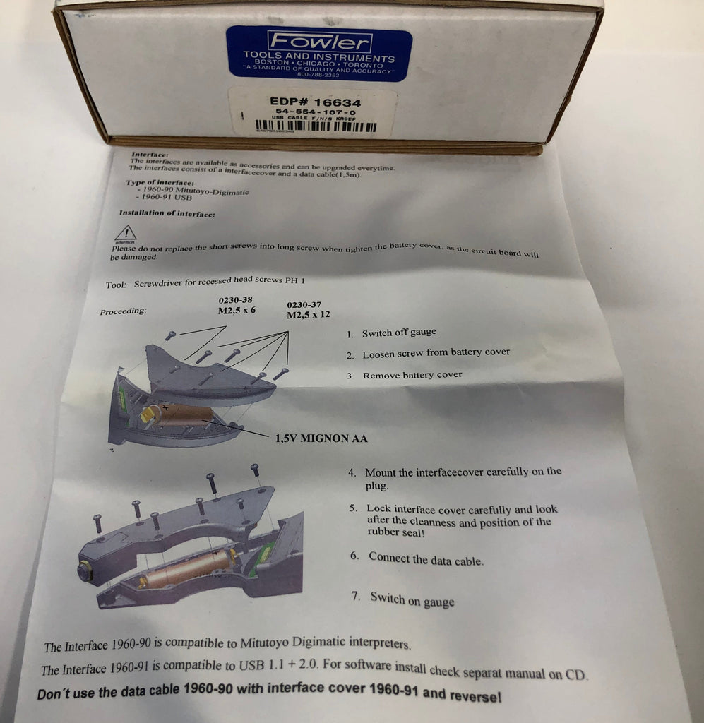 Fowler 54-554-107-0 USB Interface Cable and Cover for Fowler 54-554 Se ...