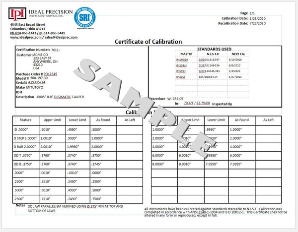 Optional Long Form Certification for Bore Gages and Internal Micromete ...
