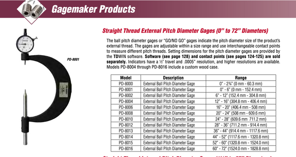 Gagemaker PD-8001 External Ball Pitch Diameter Gage, 0-6" Range, .0005 ...